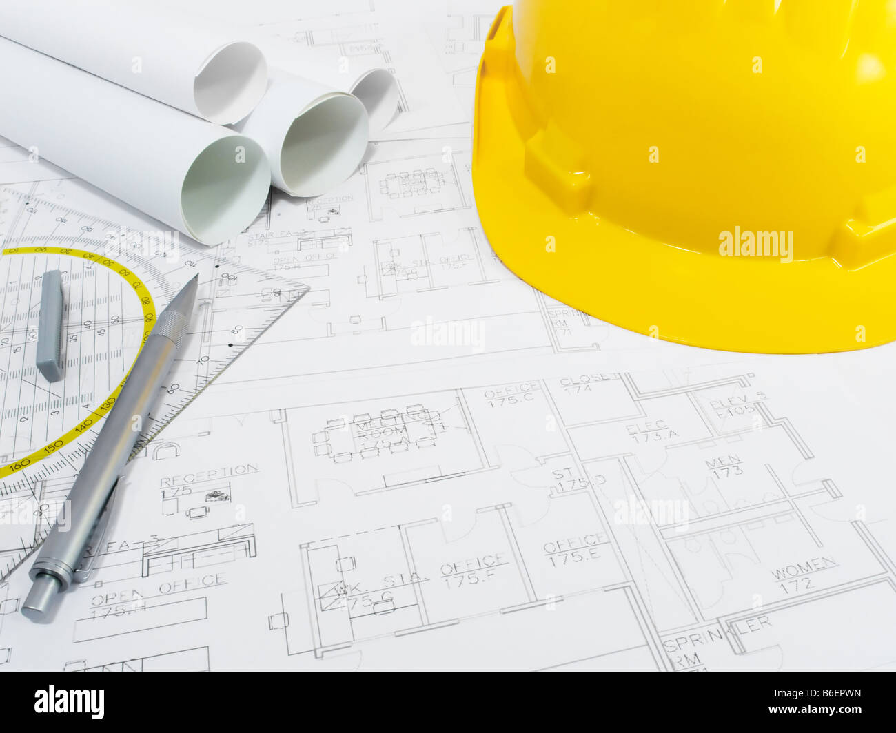 Building projects with architect drawing and protective tools Stock ...