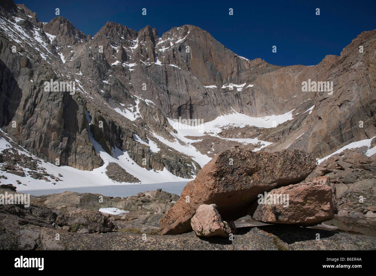 Beautiful Chasm Lake sits below the east face of Longs Peak in Rocky ...