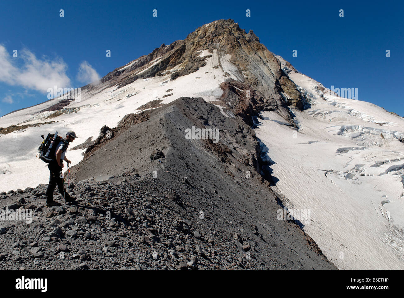 Mountaineer climbing Mount Hood Volcano, eastern flank, Cascade Range ...