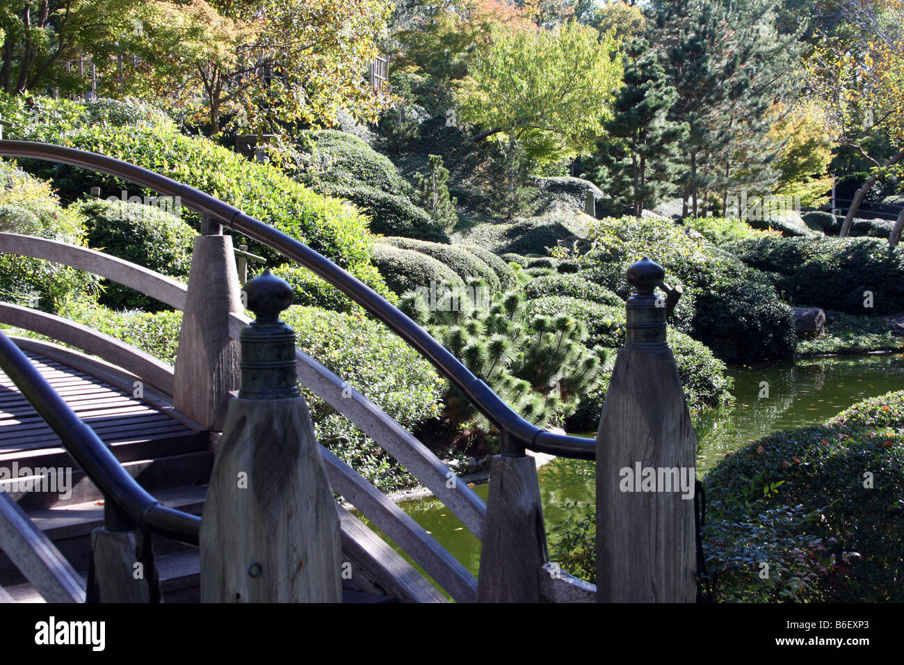 An arch bridge over a pond during the Fall season at the Forth Worth ...