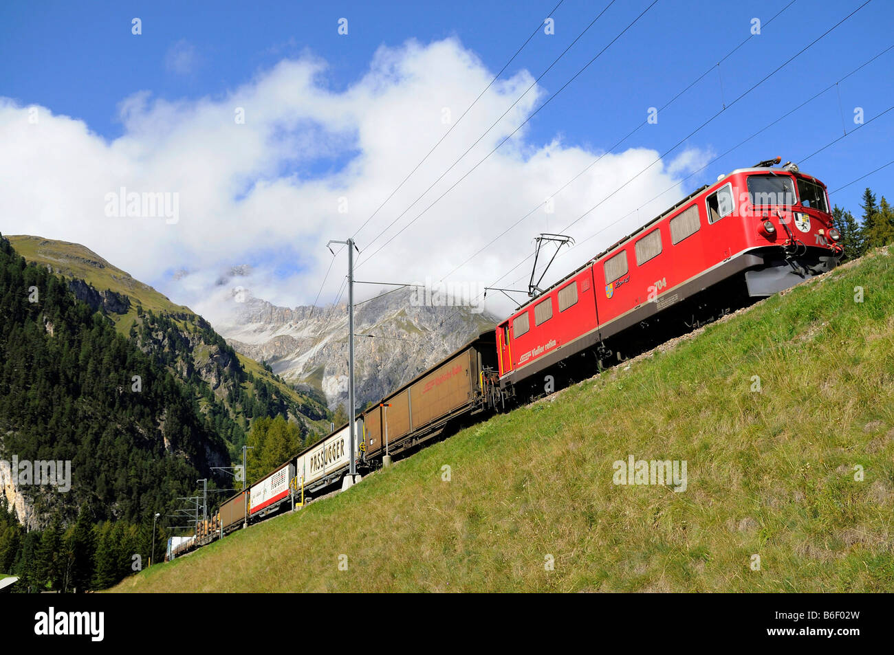 Rhaetische Bahn RhB Railway freight train travelling on the Albula ...