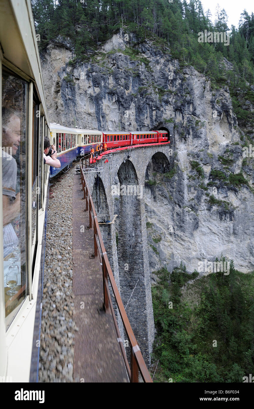 RhB, Rhaetian Railway train crossing the Landwasser Viaduct near ...