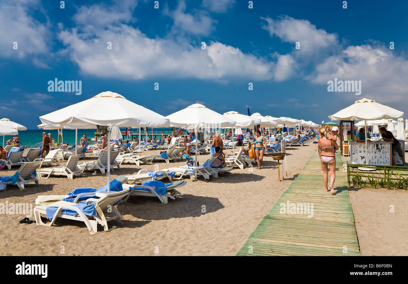 Sandy beach with bathers near Side, Turkish Riviera, Turkey, Asia Stock ...