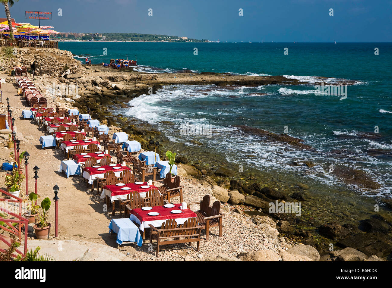 Set tables by the sea, Side, Turkish Riviera, Turkey, Asia Stock Photo ...