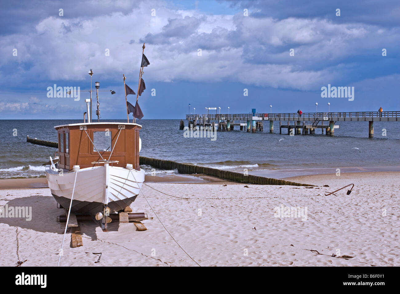 Fishing boat on the beach, seaside resort Koserow, Usedom island ...