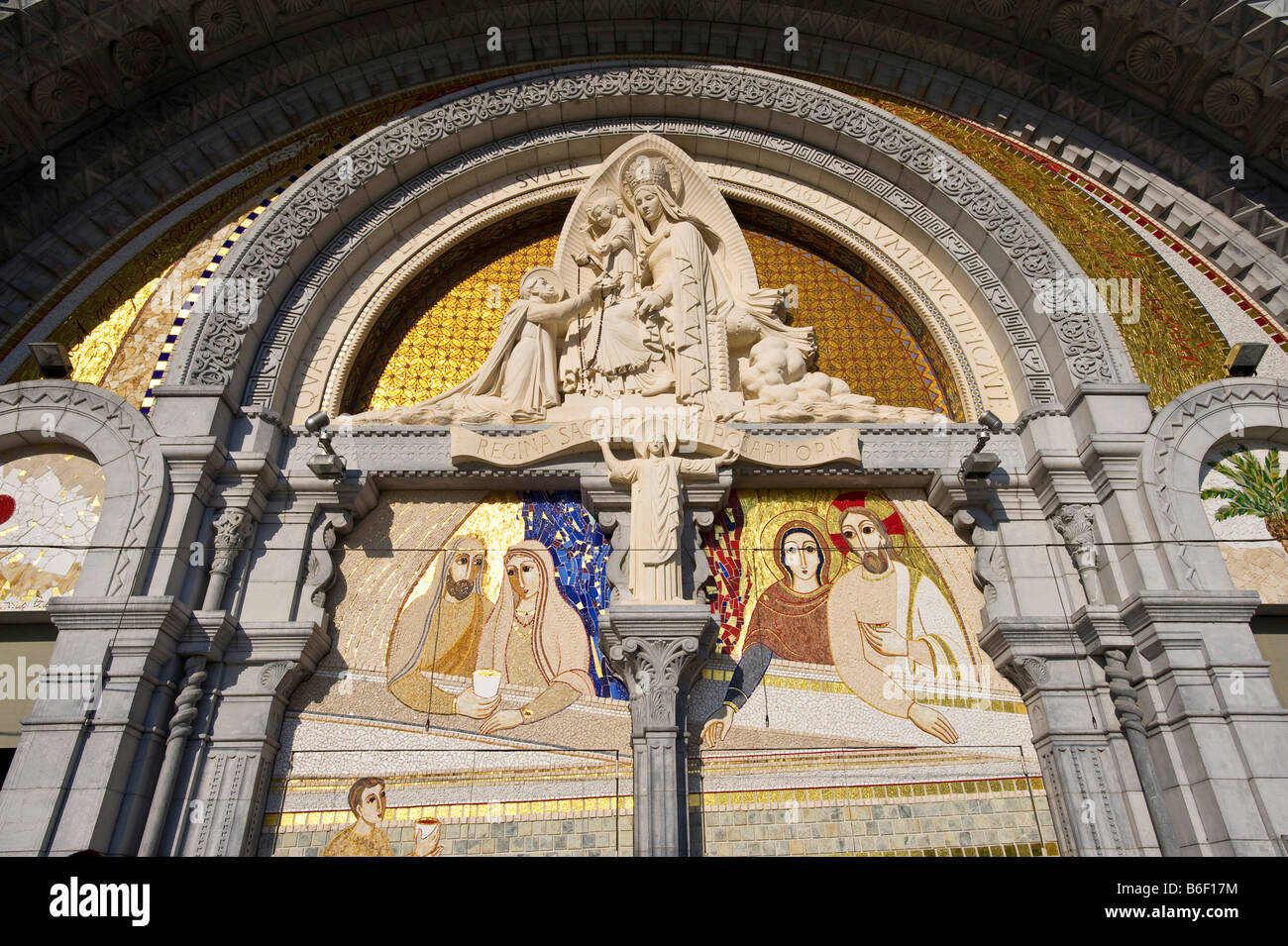 Entrance of the Rosary Basilica with Marian image, Lourdes, Pyrenees ...