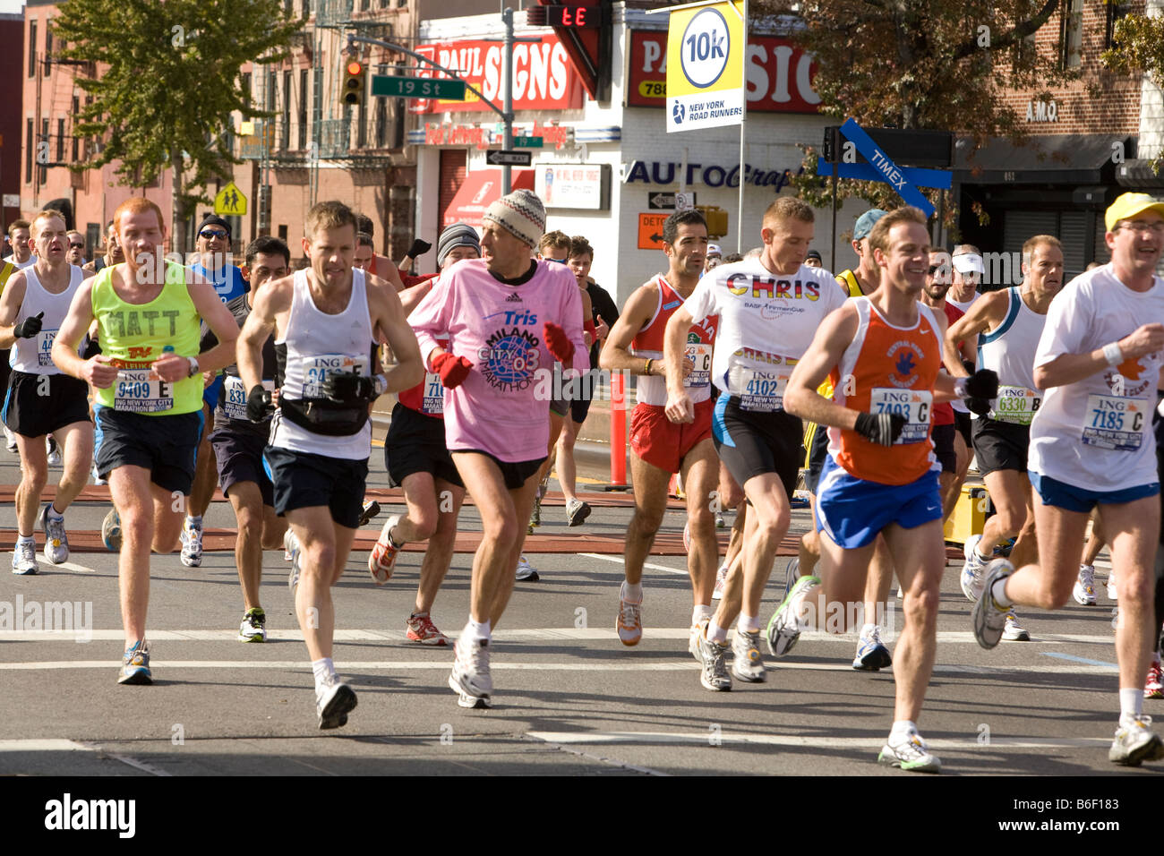 New York City Marathon 2008 as runners reach the 10K mark on 4th Avenue ...