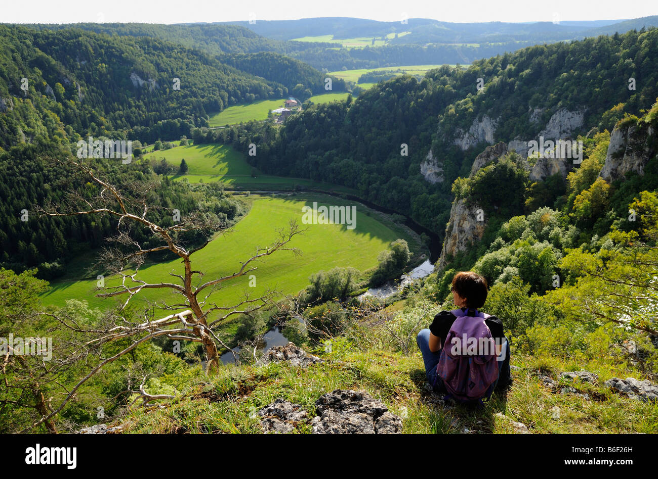 Woman enjoying the view, Upper Danube Nature Park, Donaubergland, Baden ...