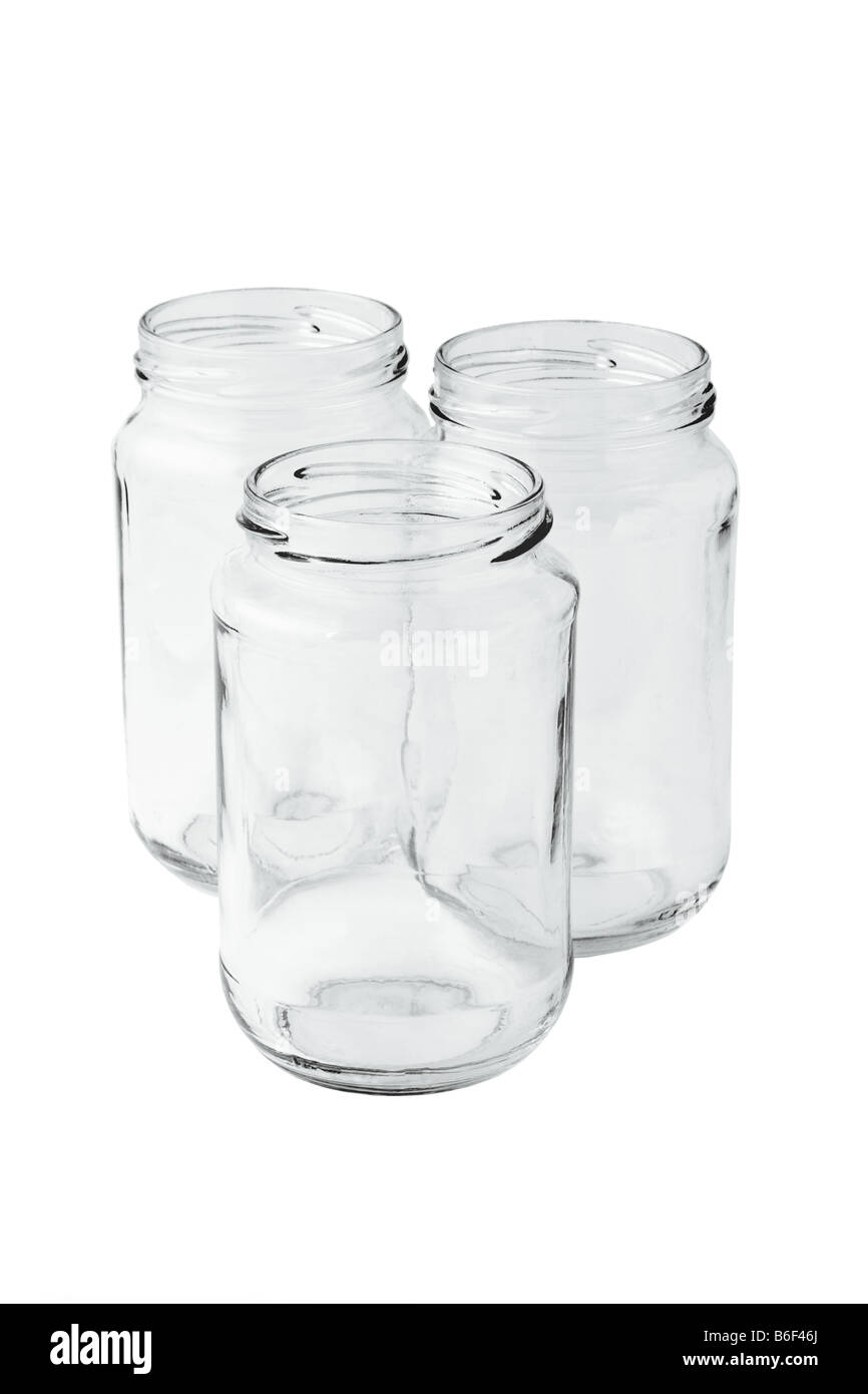 Three empty glass jars on white background Stock Photo - Alamy