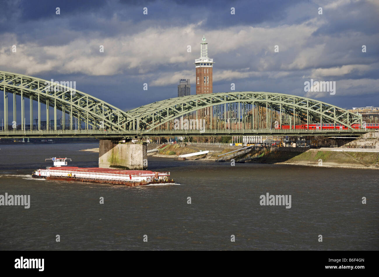 container ship on Rhine under Hohenzollern Bridge, Germany, North Rhine ...