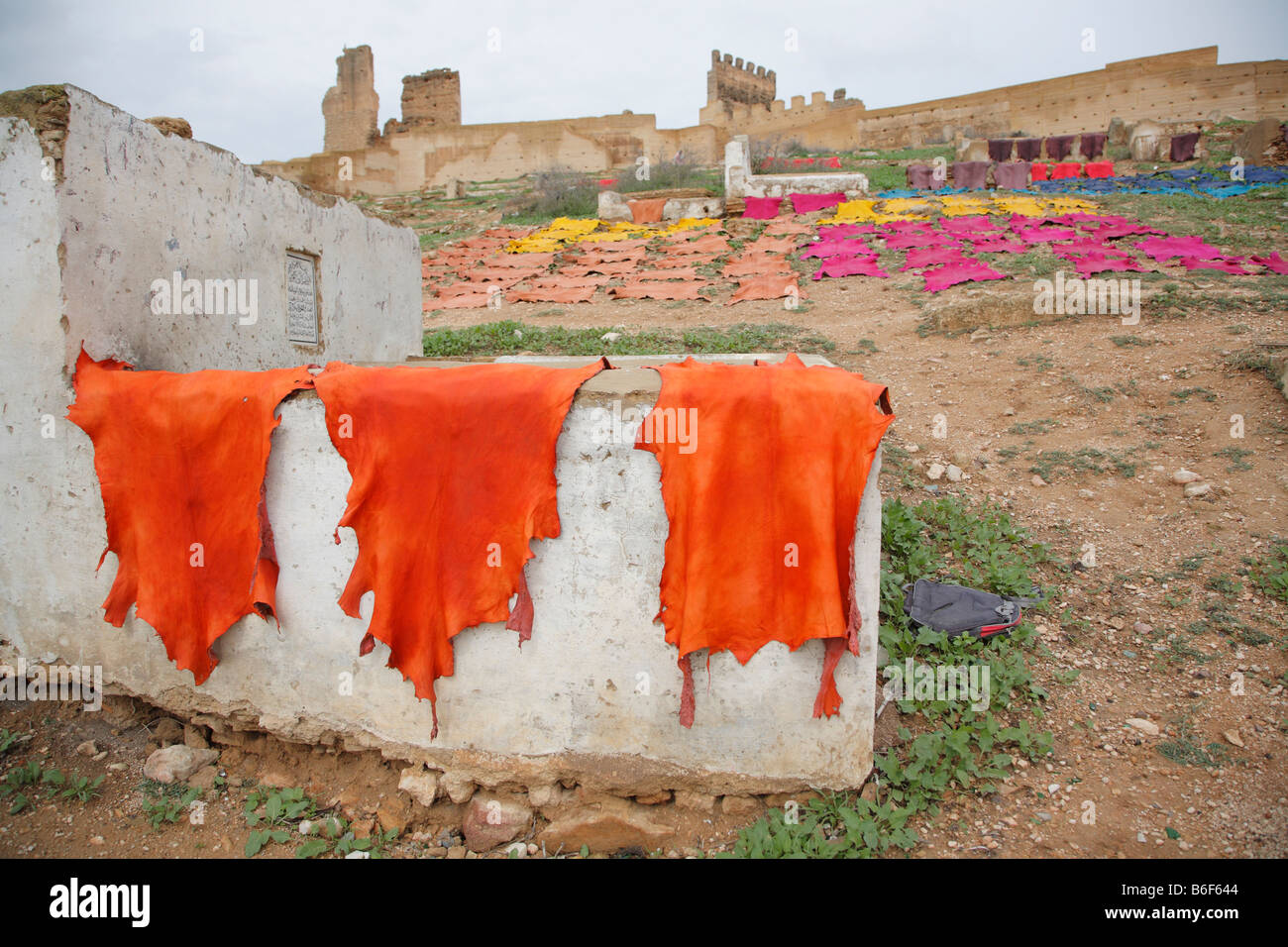 Colored leather drying outdoors, tannery, Fes, Morocco, Africa Stock ...