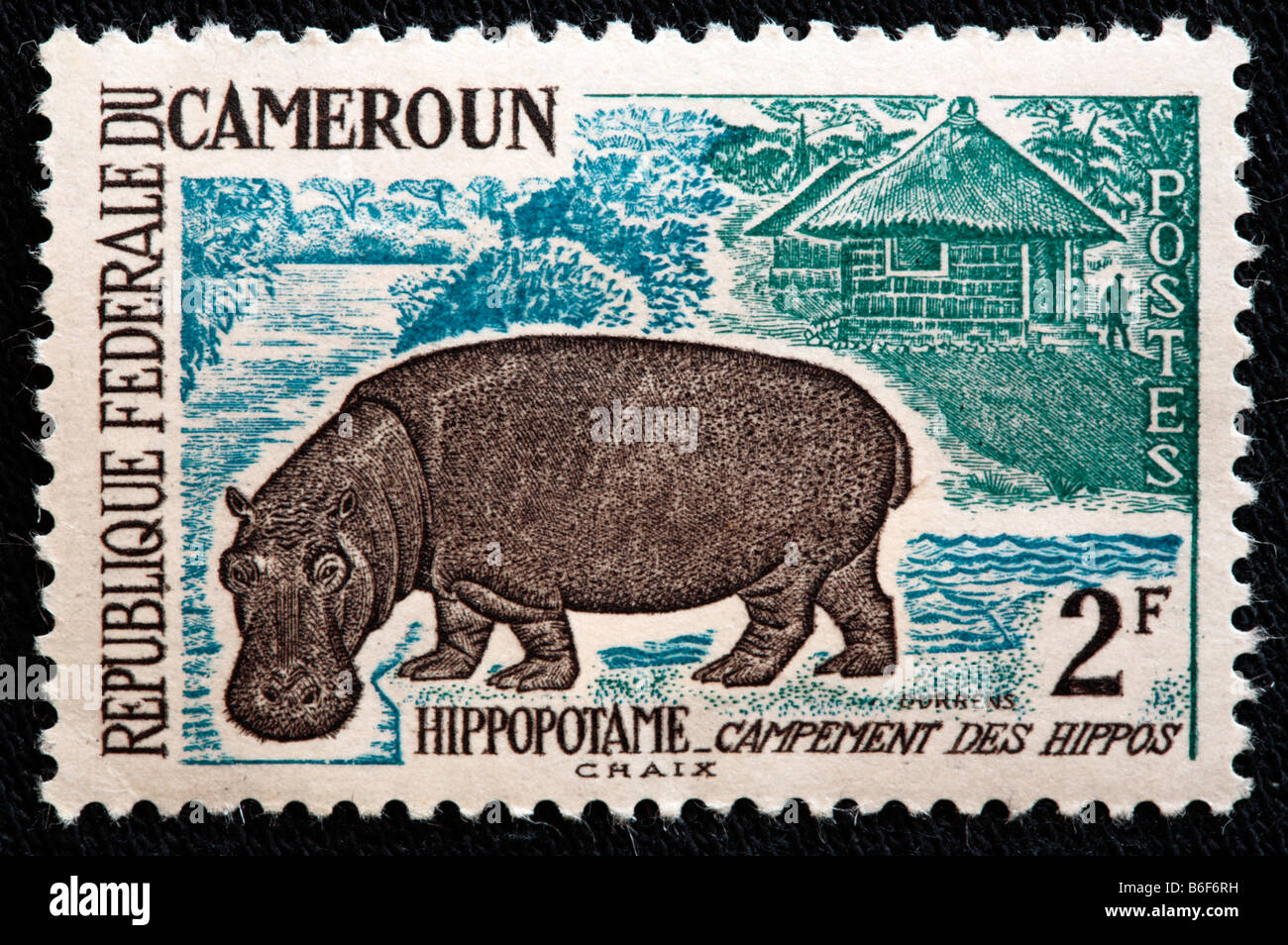 Hippopotamus amphibius, postage stamp, Republic Cameron, 1970s Stock ...