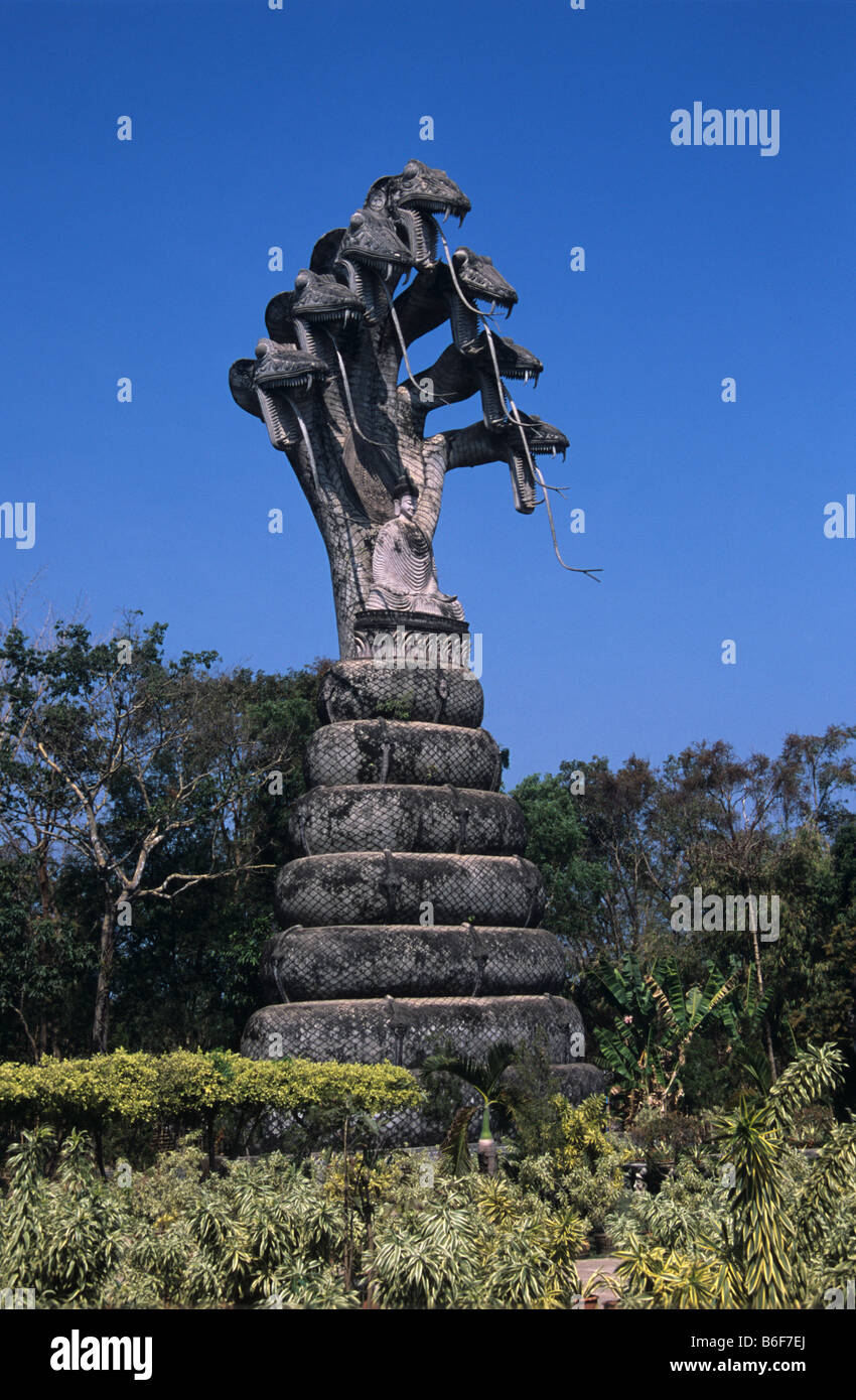 Giant Multi-Headed Snake or Naga Sculpture at the Sala Kaew Ku Buddhist ...