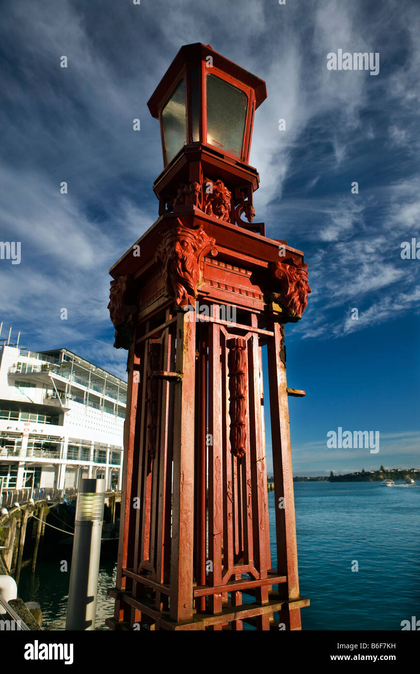 A red, ornately decorated light pole, Princes Wharf, Auckland, New ...