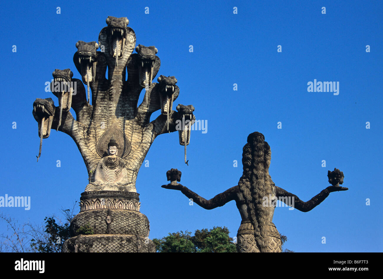 Giant Multi-Headed Snake or Naga Sculpture and Goddess with Offerings ...