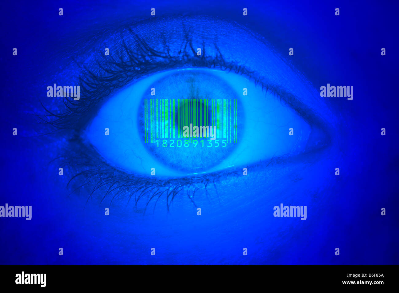 Detail photo of an eye reflecting an EAN bar code, European Article ...