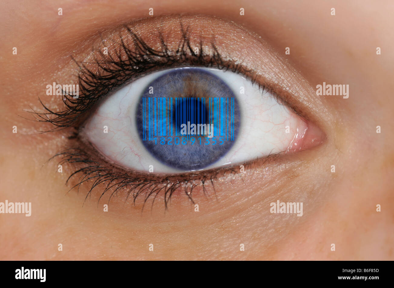 Detail photo of an eye reflecting an EAN bar code, European Article ...