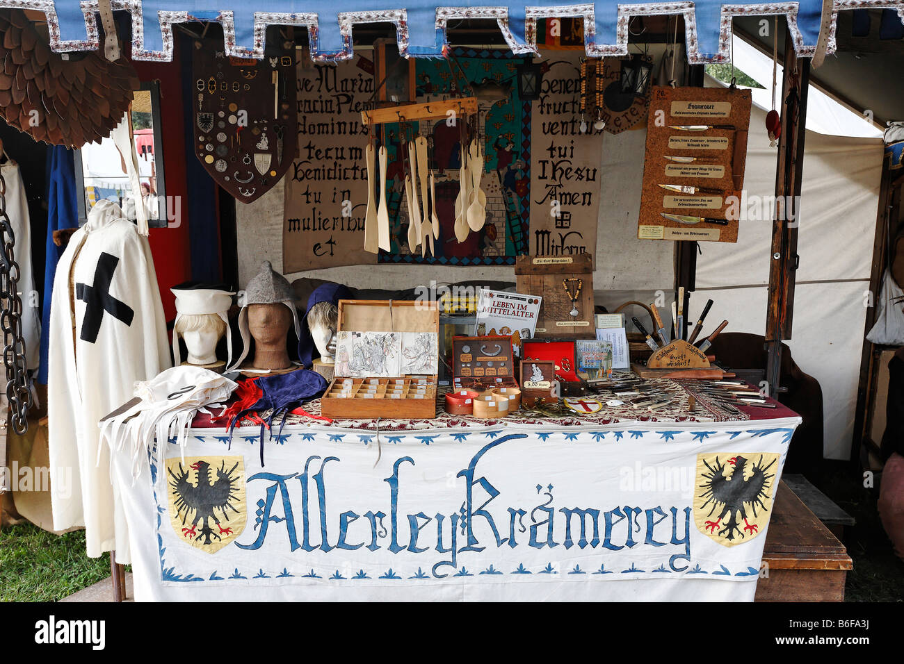 Trinket shop, stall at a medieval market, Knight Festival, Satzvey ...