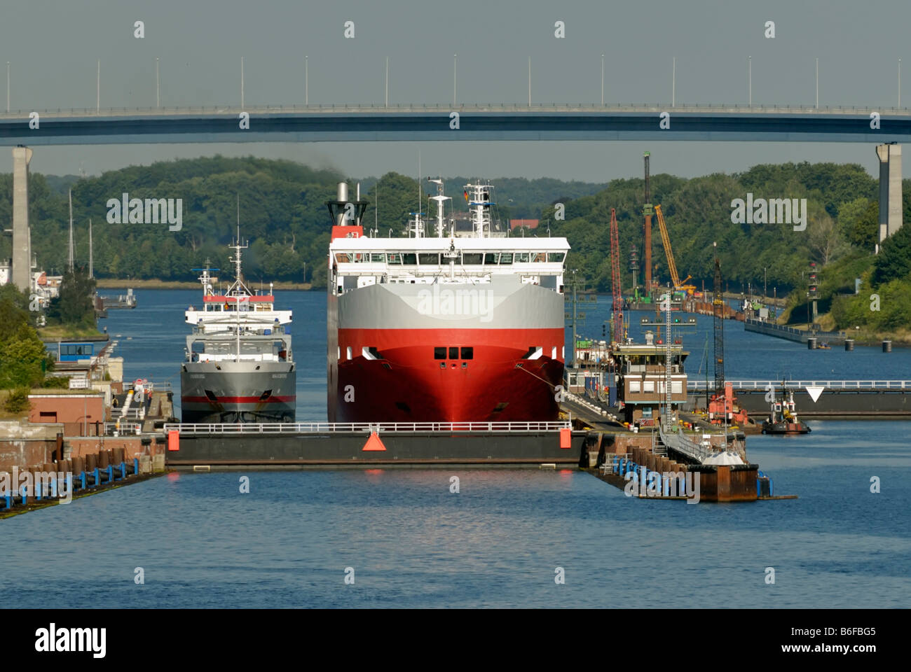 Kiel-Holtenau lock in front of the bridge over the Kiel Canal, Kiel ...