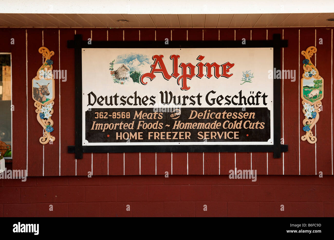 Shop sign of a German sausage shop in America, Blairstown, New Jersey ...