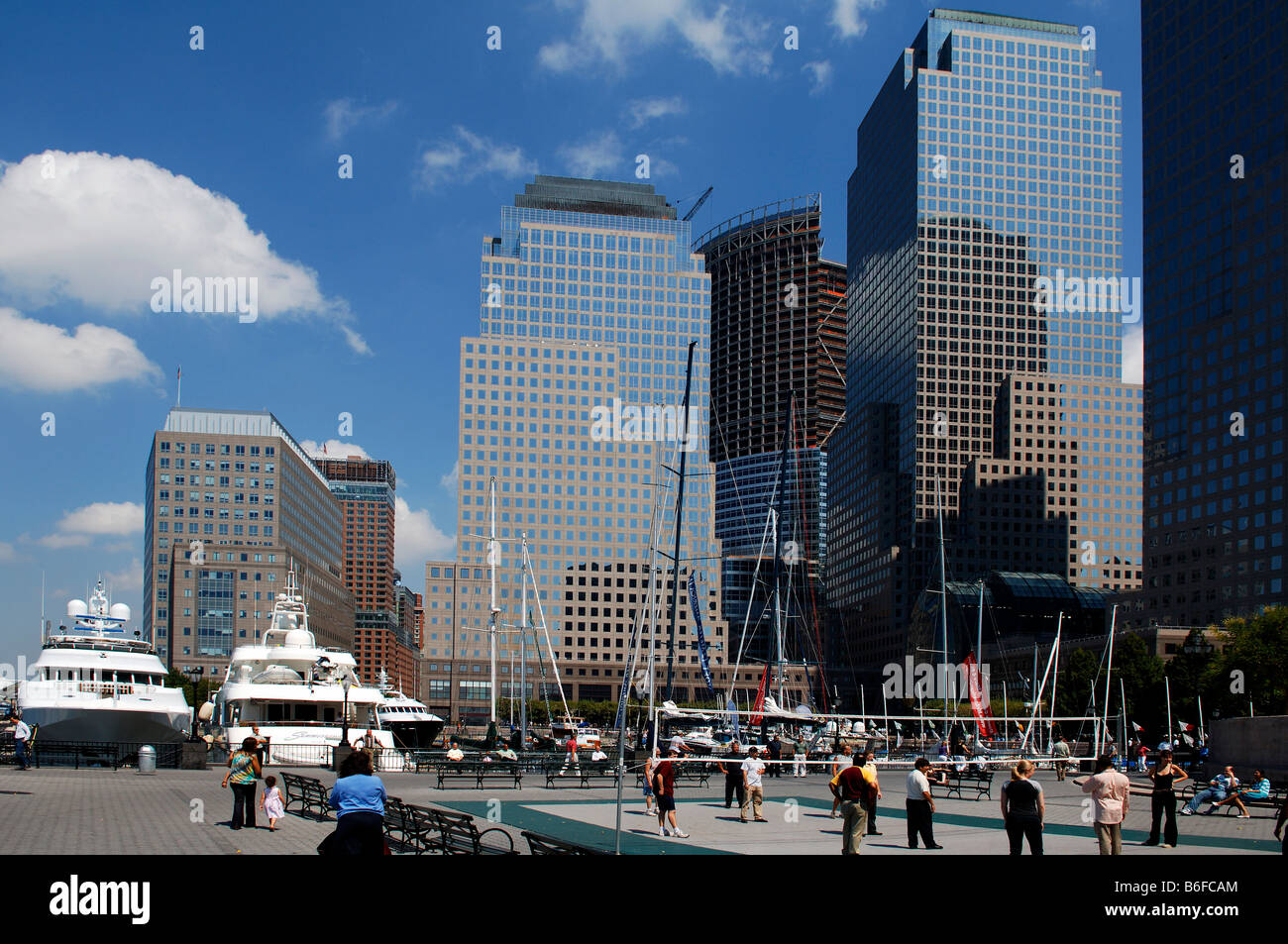 Marina and volley ball field at Battery Park, high rises at back, New ...