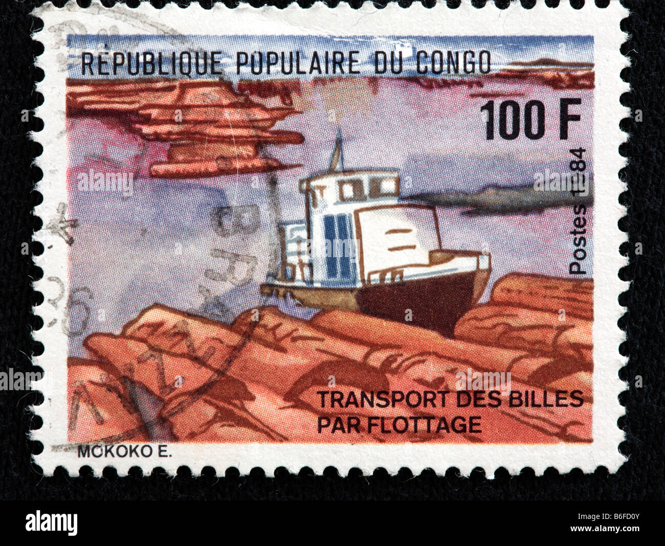 Transportation of wood by ship, postage stamp, Democratic republic of ...