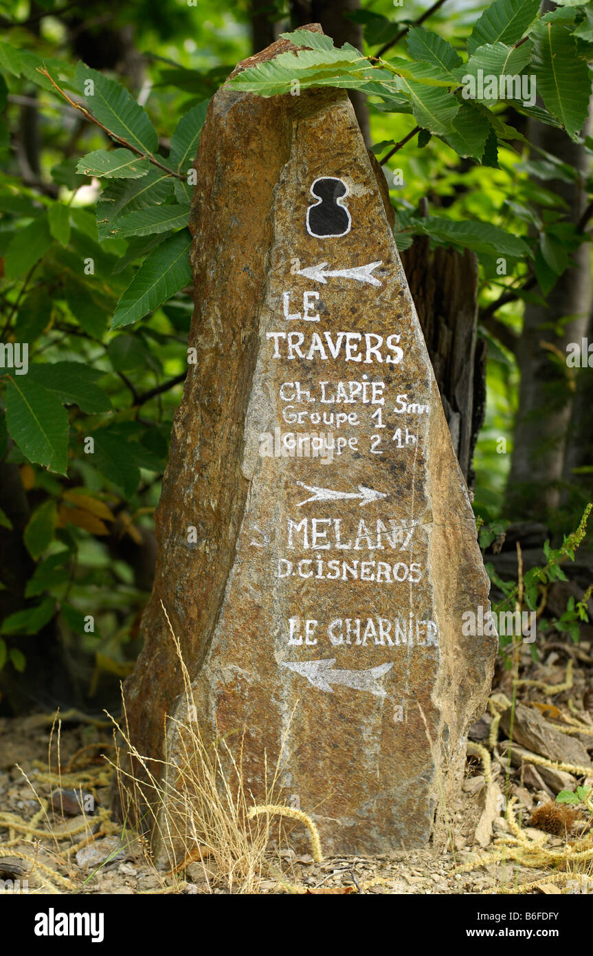 Sign post or guide post on the Sentier des Lauze, Saint Melany, Ardeche ...