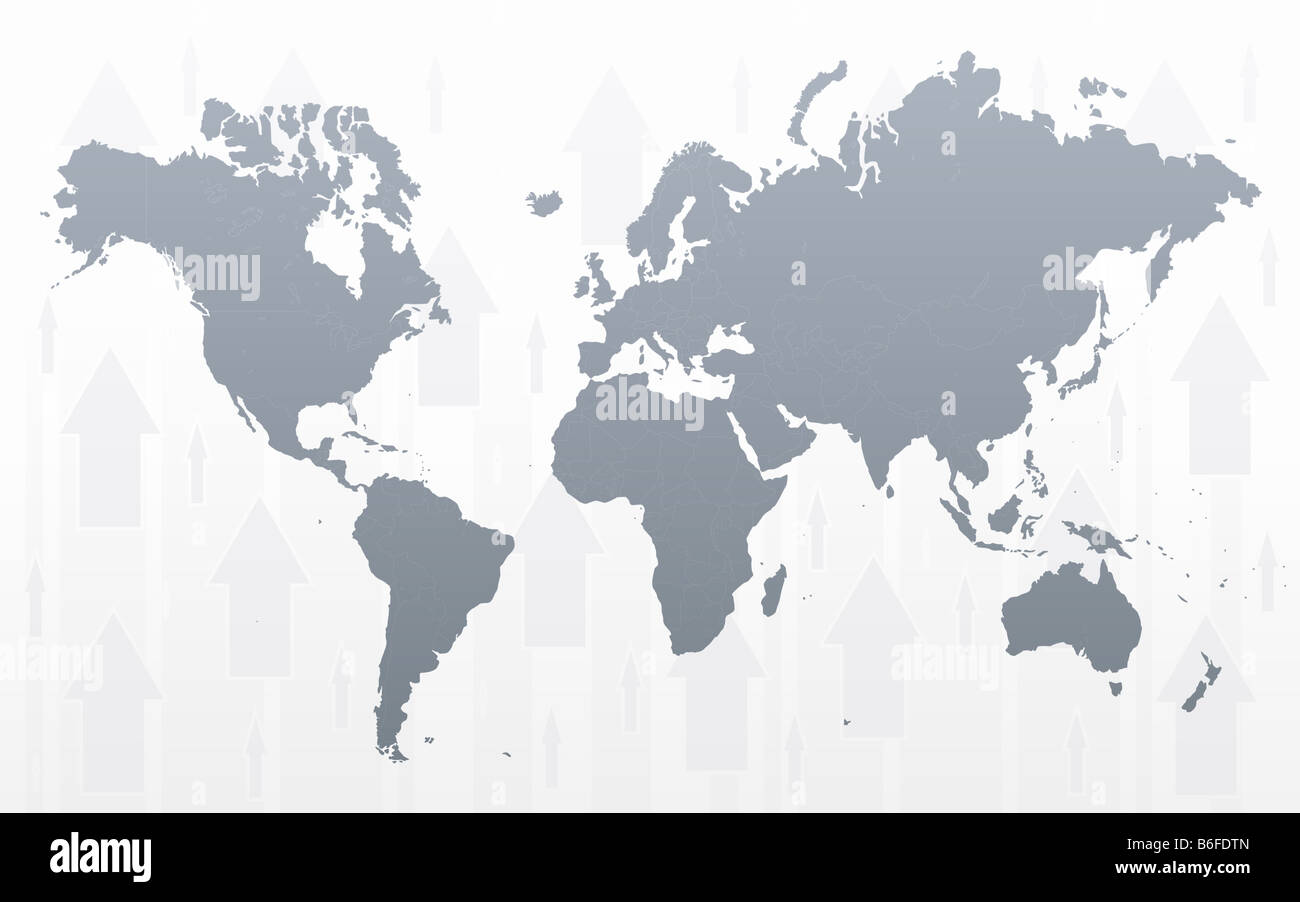 Vector illustration of a world map with conceptual arrows background ...