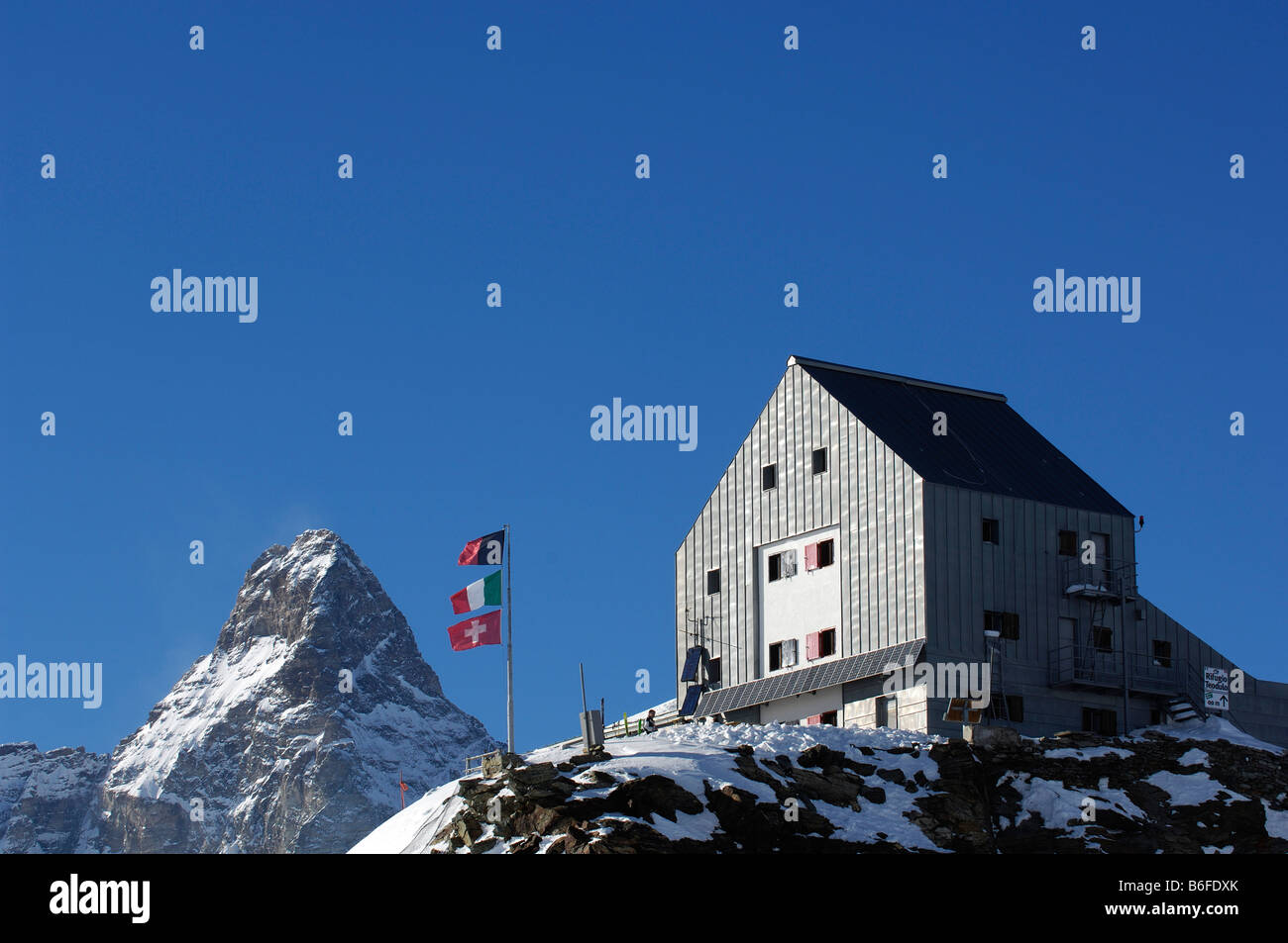 Mountain hut, Rifugio Theodulo, Mount Matterhorn, Zermatt, Wallis ...