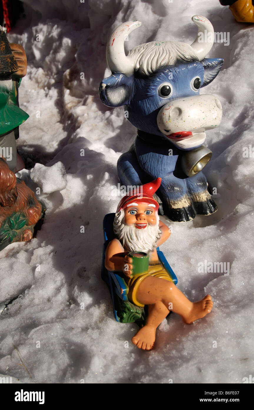 Garden gnome in the snow at the Chemi-Hitta, Zermatt, Wallis ...