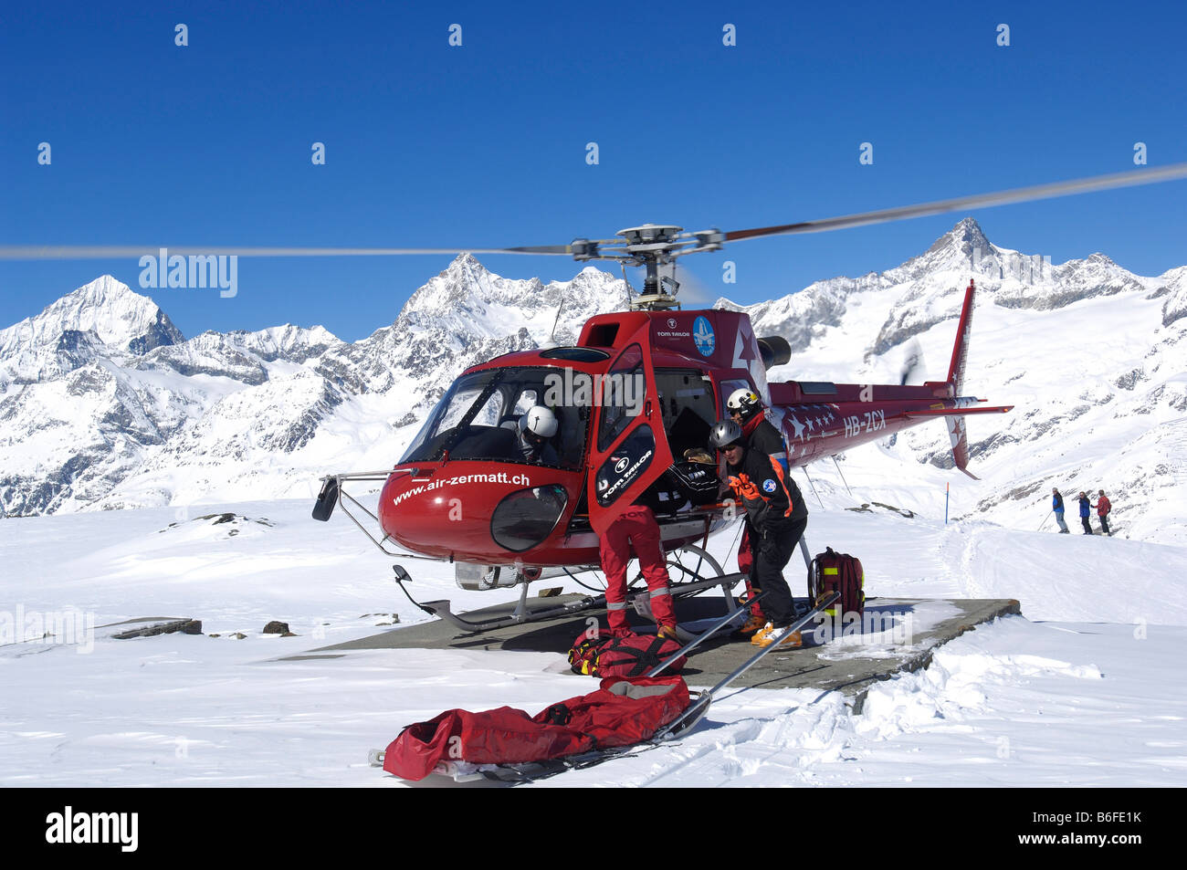 Air Zermatt, rescue helicopter during a rescue, Matterhorn Mountain ...