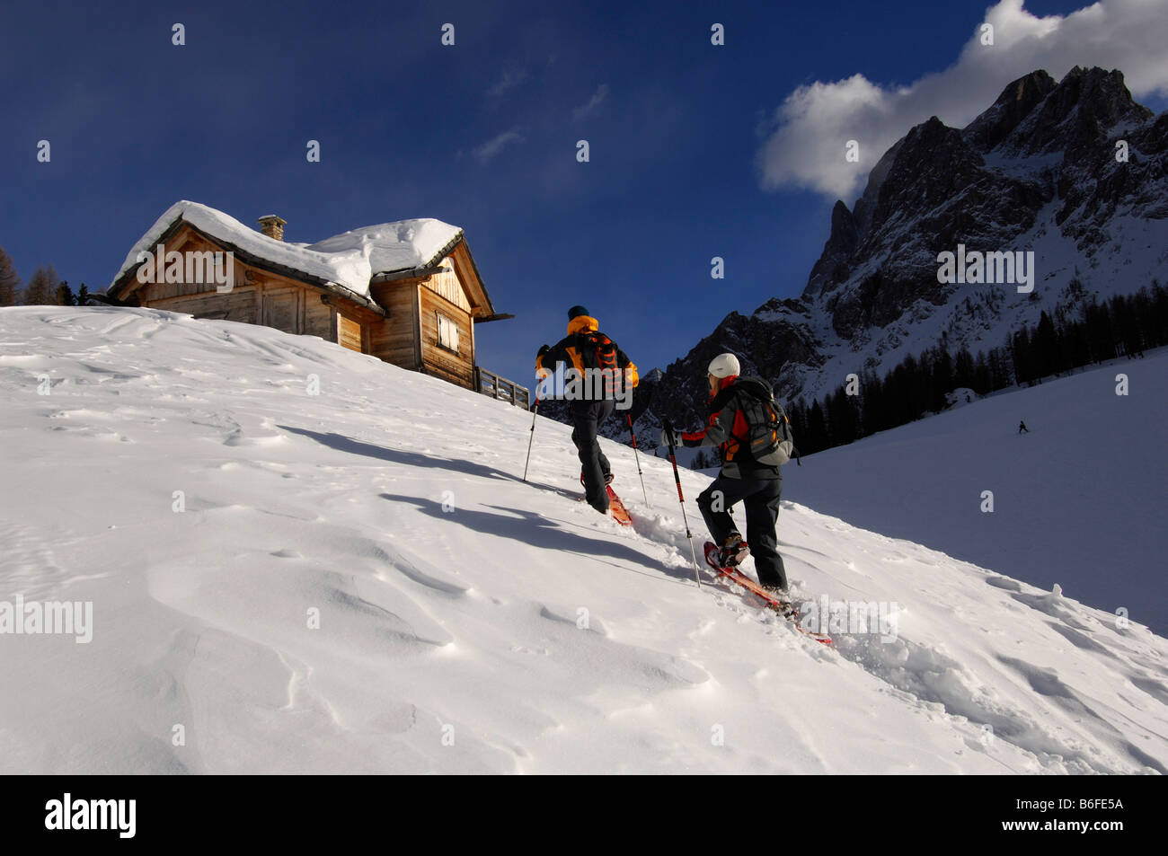 Snowshoe hikers ascending the Rotwand or Pietrarossa Mountain, High ...
