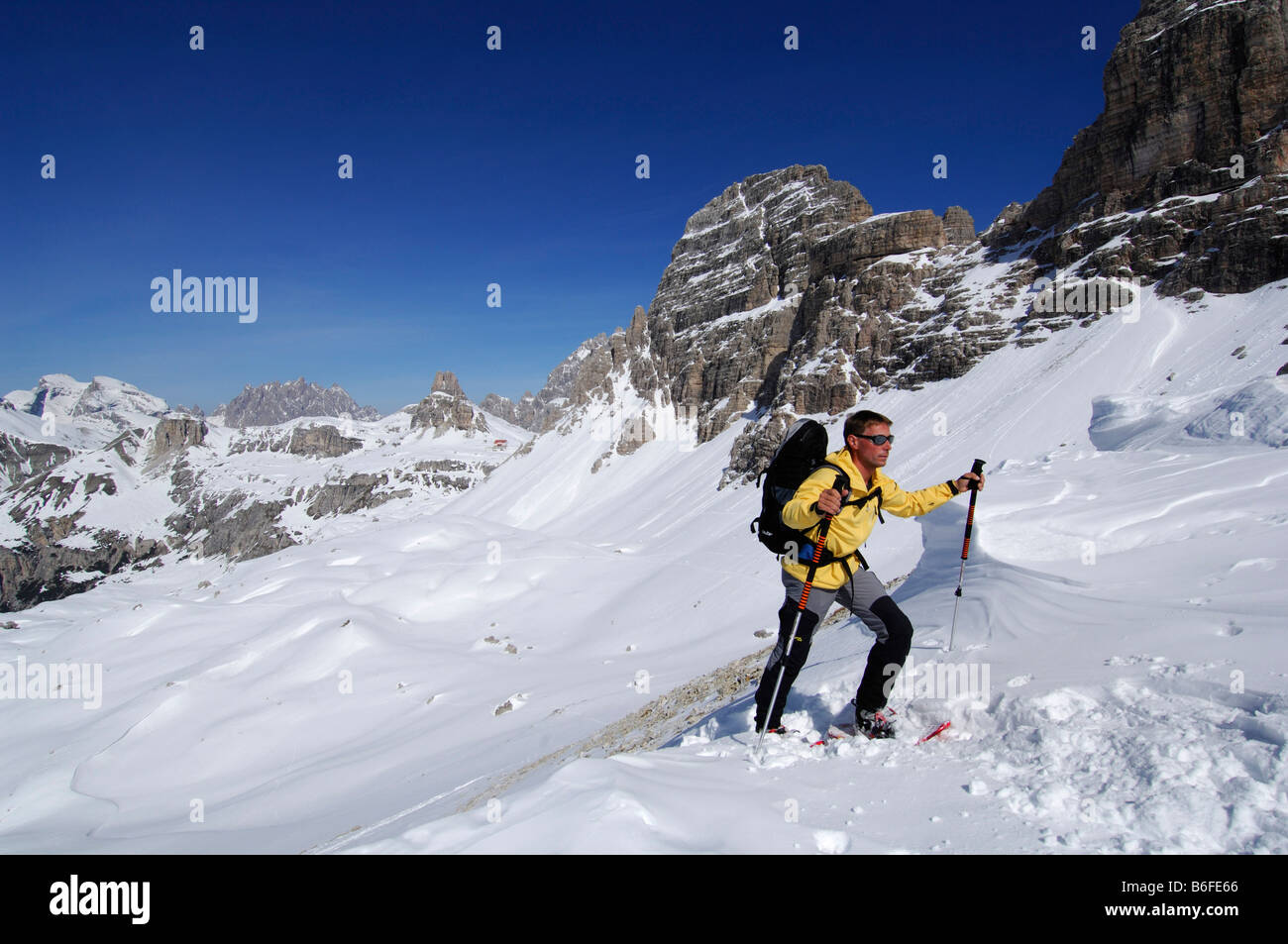 Snowshoe hiker in the High Puster Valley or Alto Pusteria, Bolzano ...