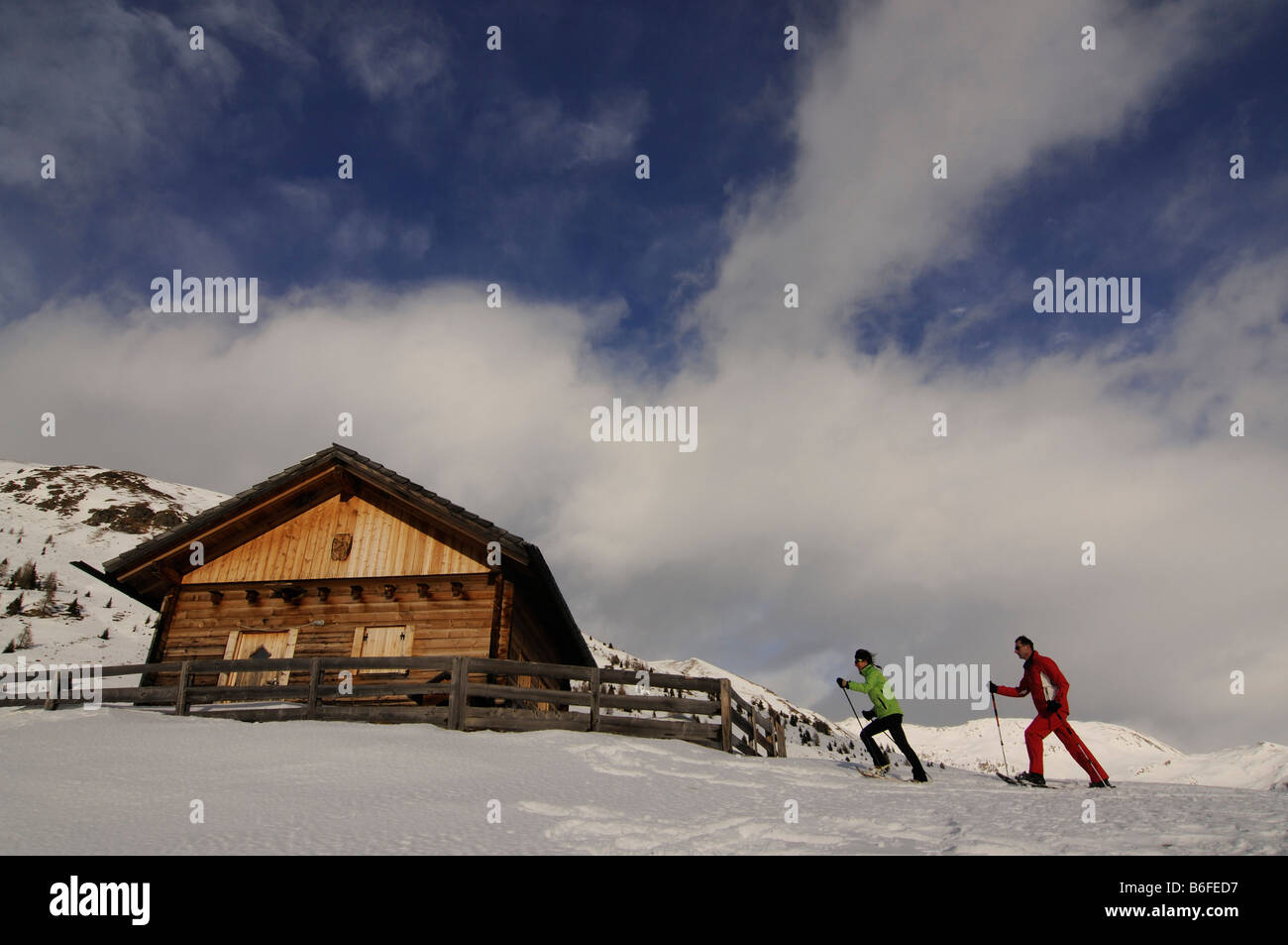 Snowshoe hikers on the Alpe Nemes Alps, in the High Puster Valley or ...