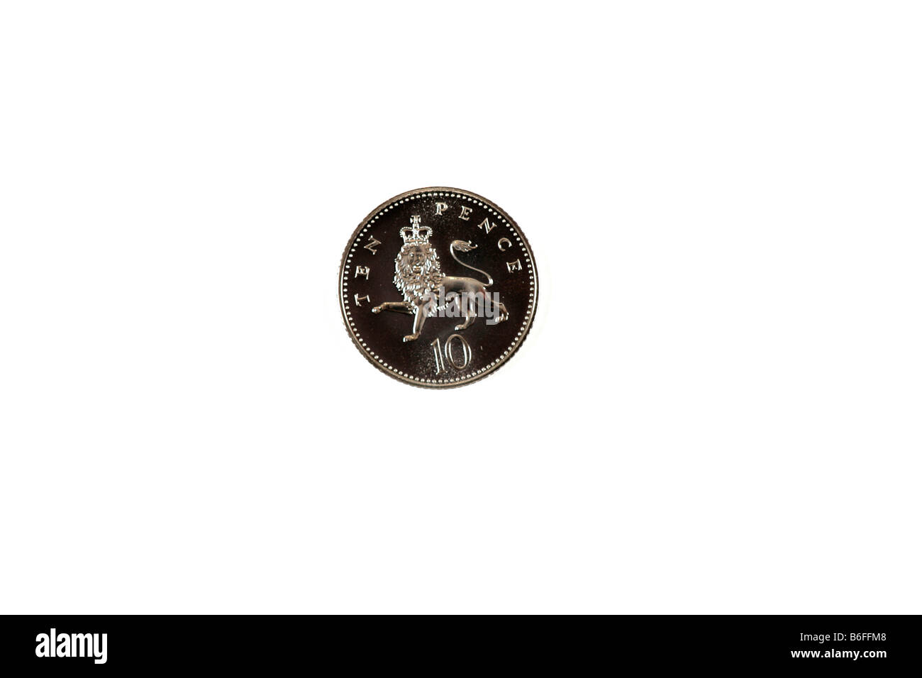 A photograph of a British ten pence piece coin on a white background ...