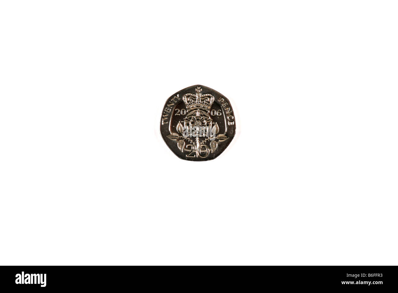 A photograph of a British twenty pence piece coin on a white background ...