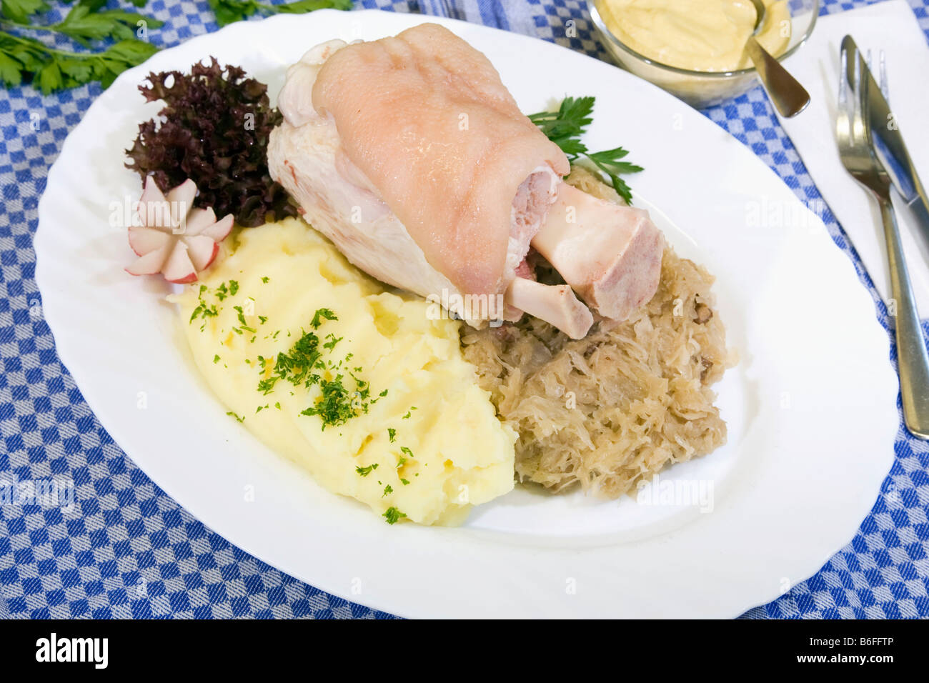 Eisbein, pickled knuckle of pork on sauerkraut and mashed potatoes ...