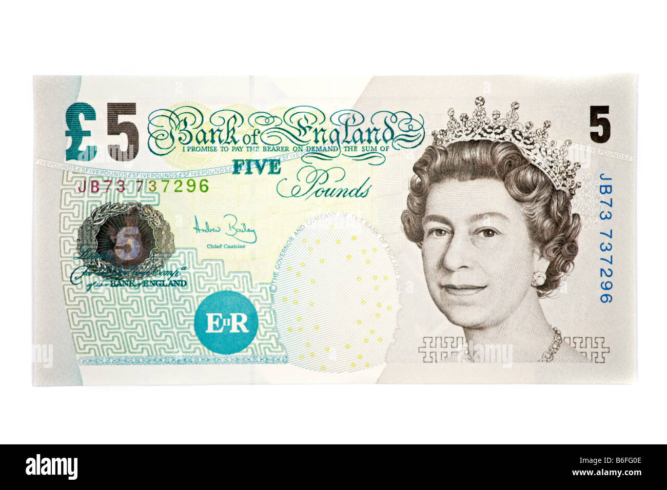 A photograph of a British five pound note on a white background Stock ...