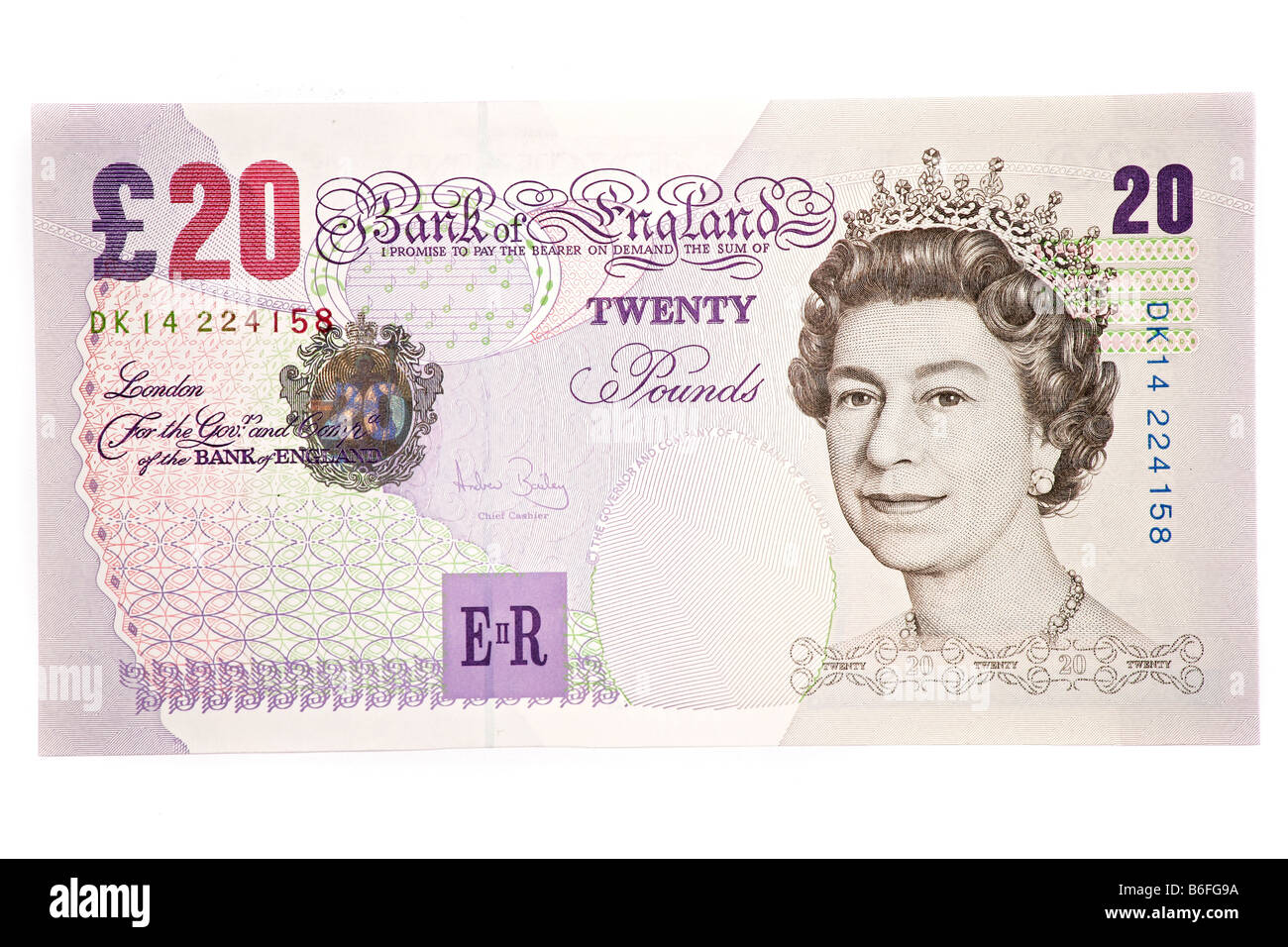 A photograph of a British twenty pound note on a white background Stock ...