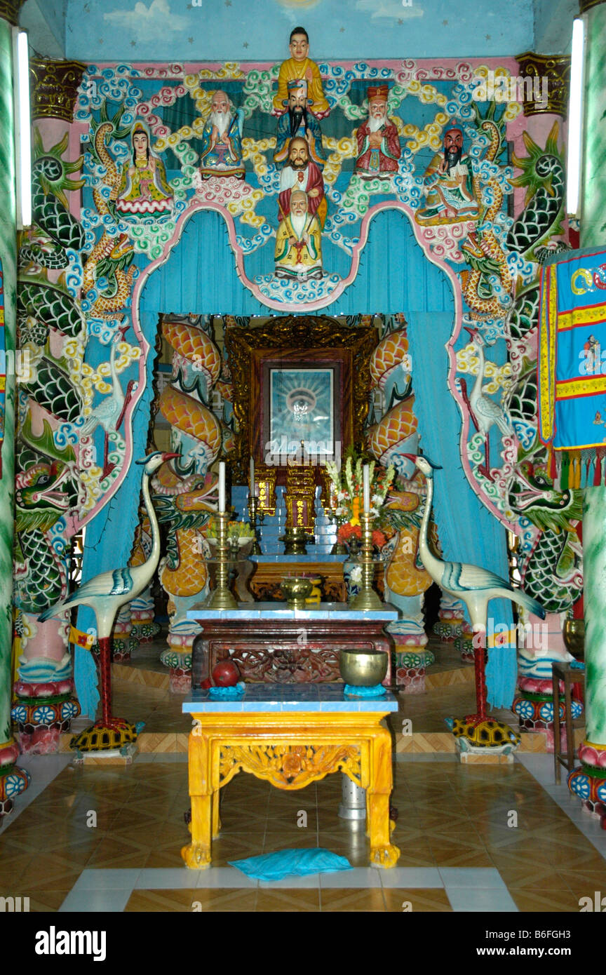 Colourful altar in the Cao Dai Temple in Go Dao near the city of Ho Chi ...
