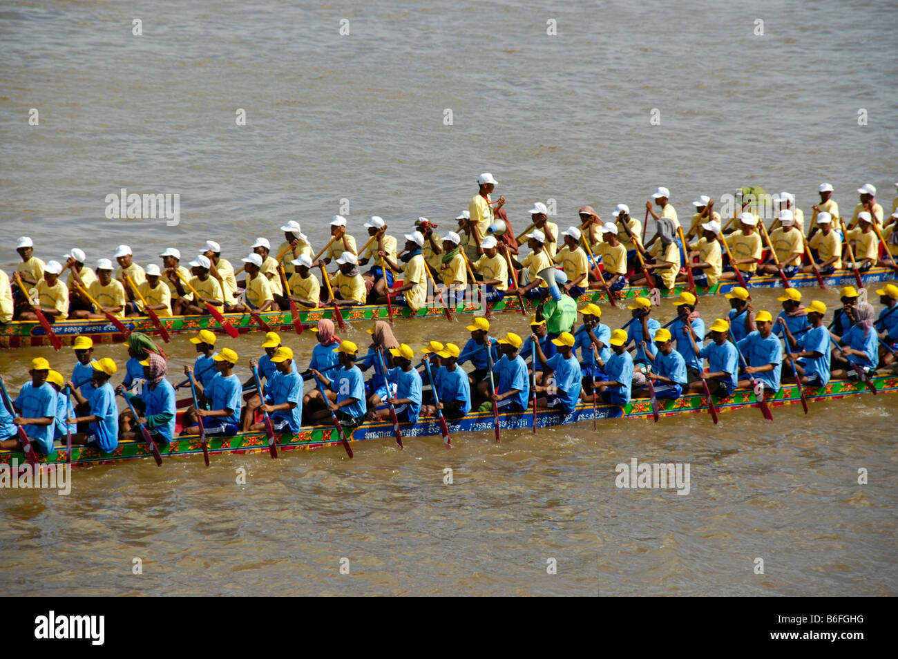 Big rowing boats, rowers, competition, water festival, Phnom Penh ...