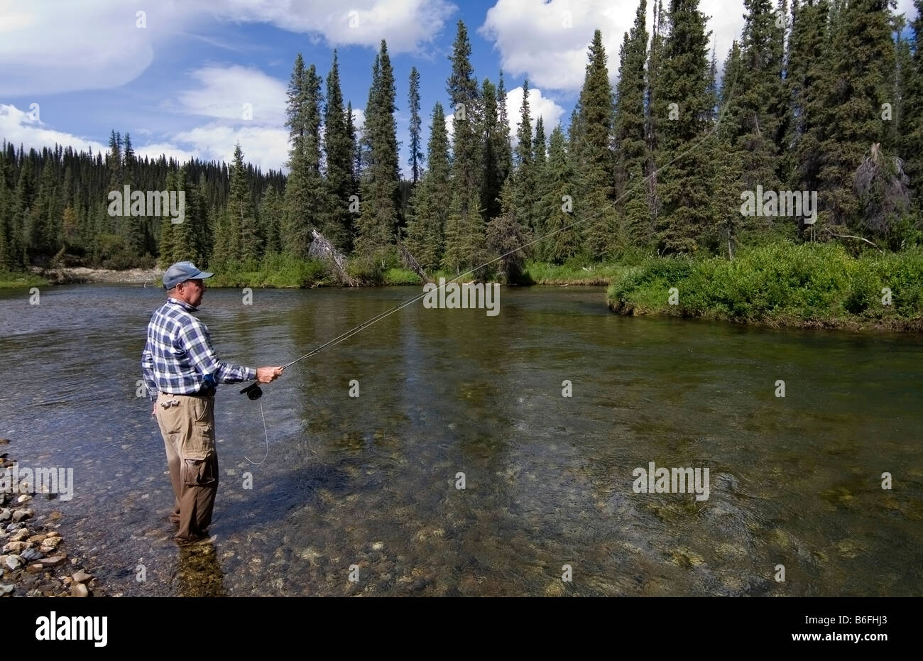 Fly fishing fisherman, Liard River, British Columbia, Yukon Territory ...