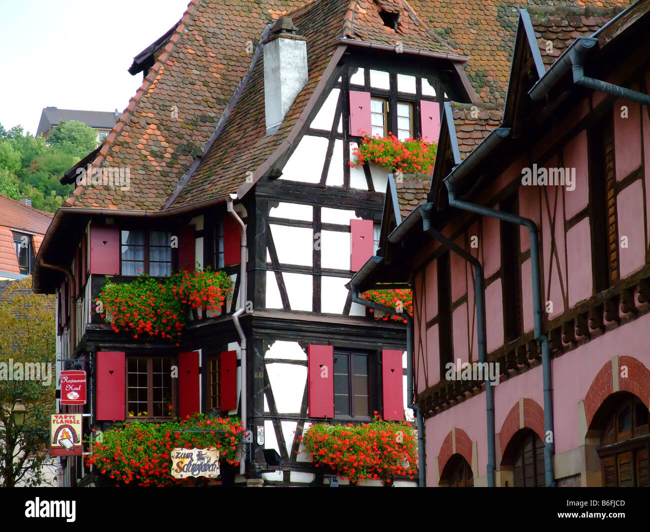 Traditional half-timbered architecture in Alsace - Obernai France Stock ...