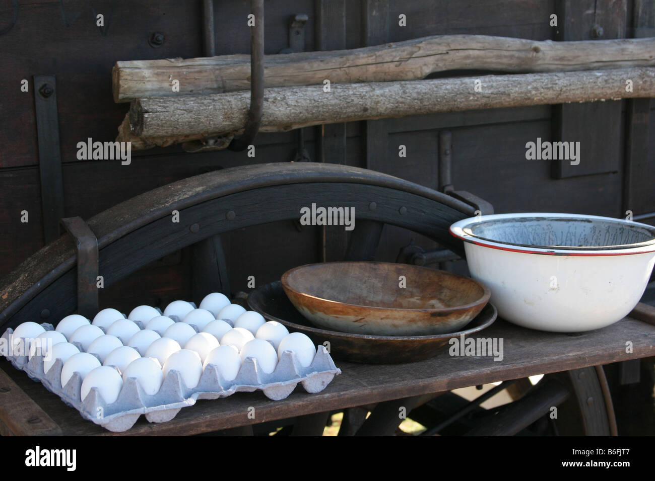 A western breakfast utensils and eggs on a chuck wagon out on the ranch ...