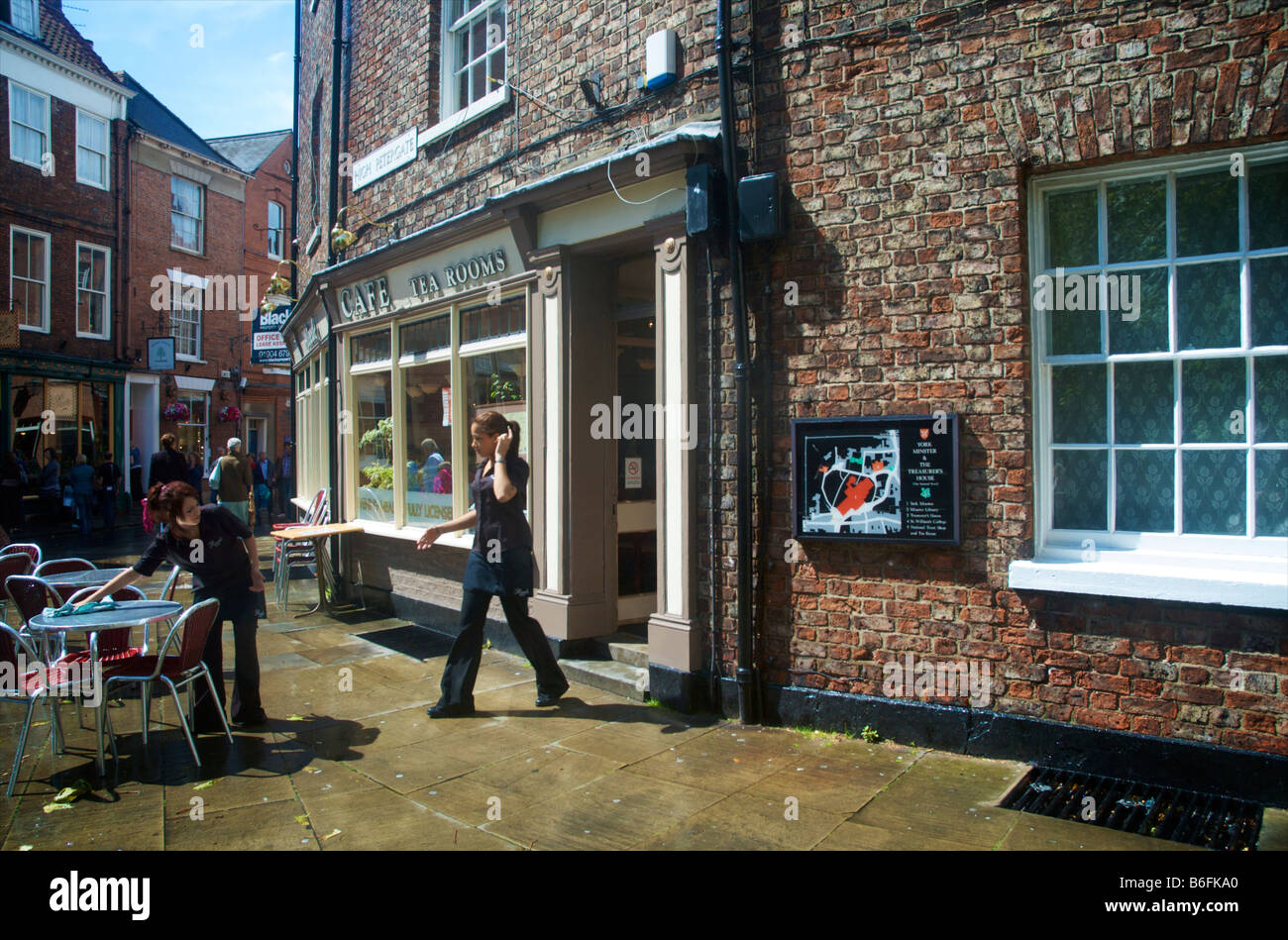 York street scene showing cafe and tea rooms opposite York Minster ...