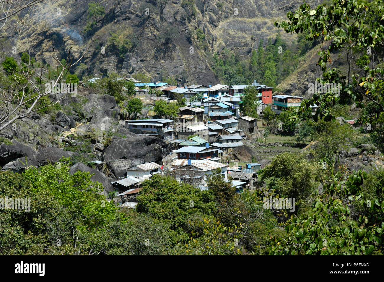View of the village of Jagat, Annapurna Region, Nepal, Asia Stock Photo ...