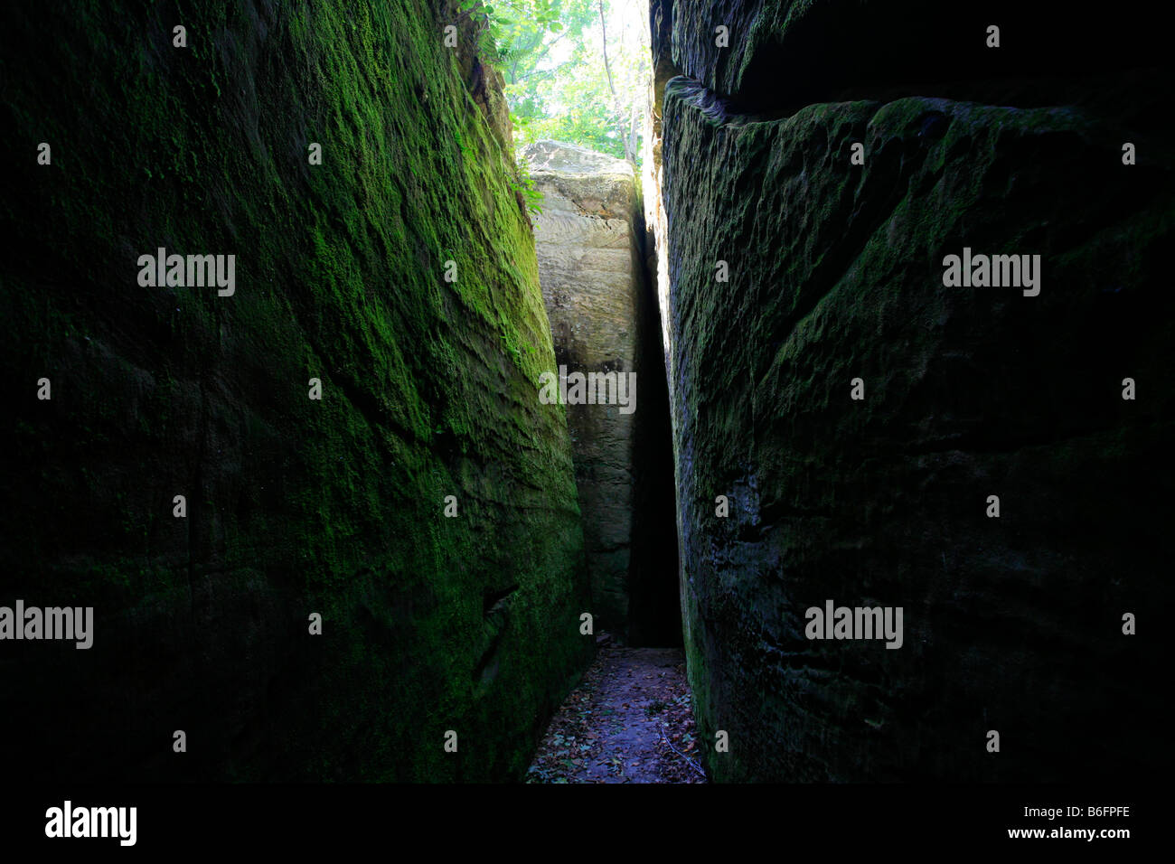 Steep sandstone formations and narrow fissures in the Rim Rock Trail, a ...