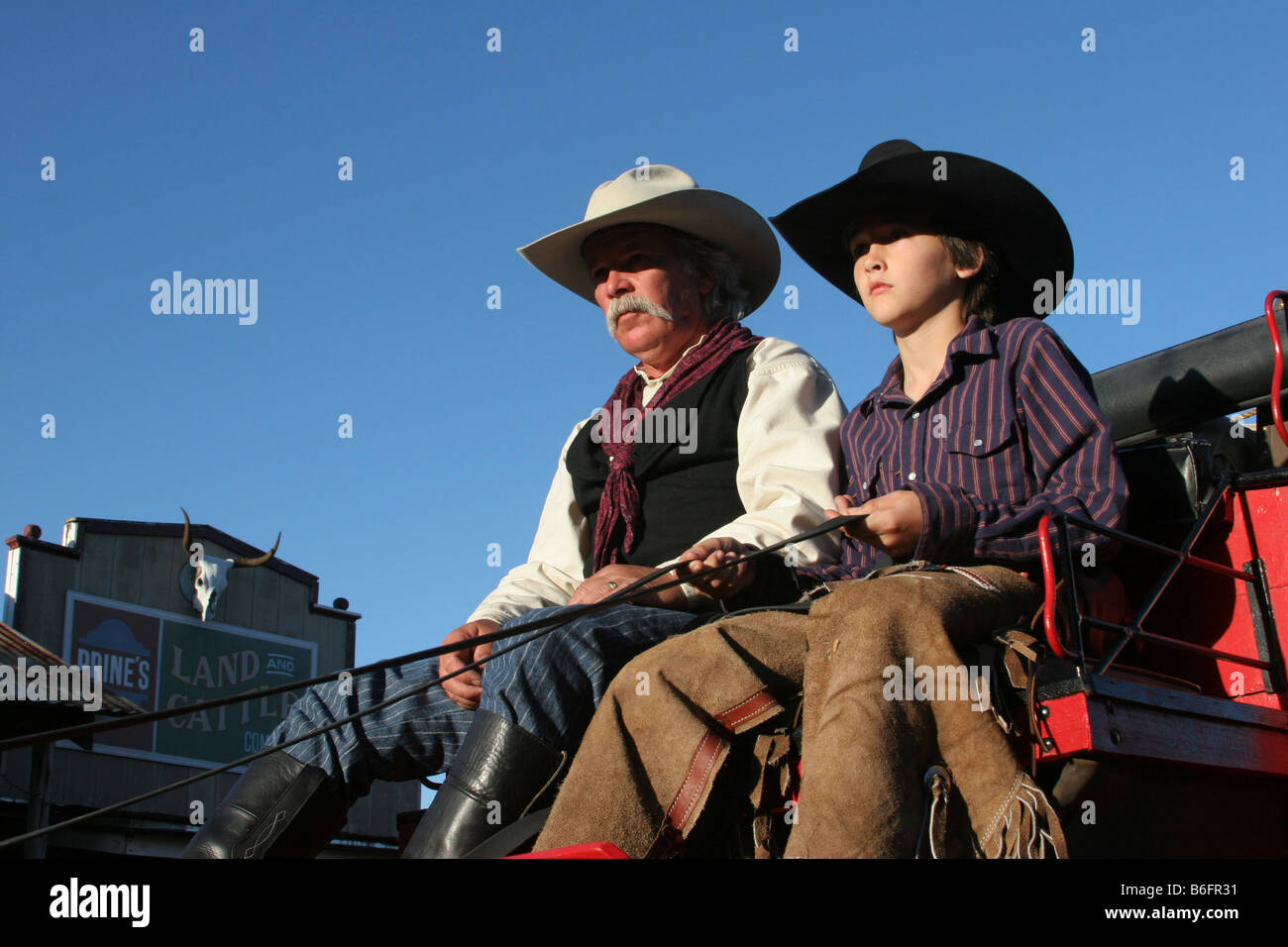 A young cowboy driving a stage coach team of horses in an old western ...