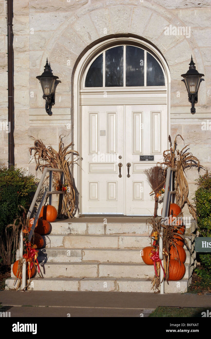 Fall Decorations on the doorstep entrance to the Town Center government ...