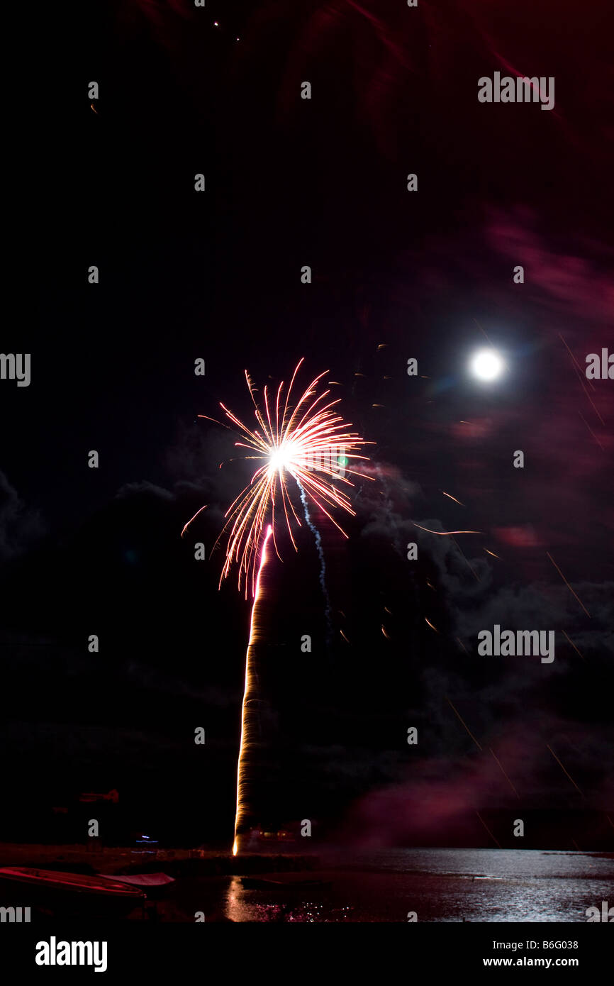 Firework display light show rocket explosion spread in black sky Full ...